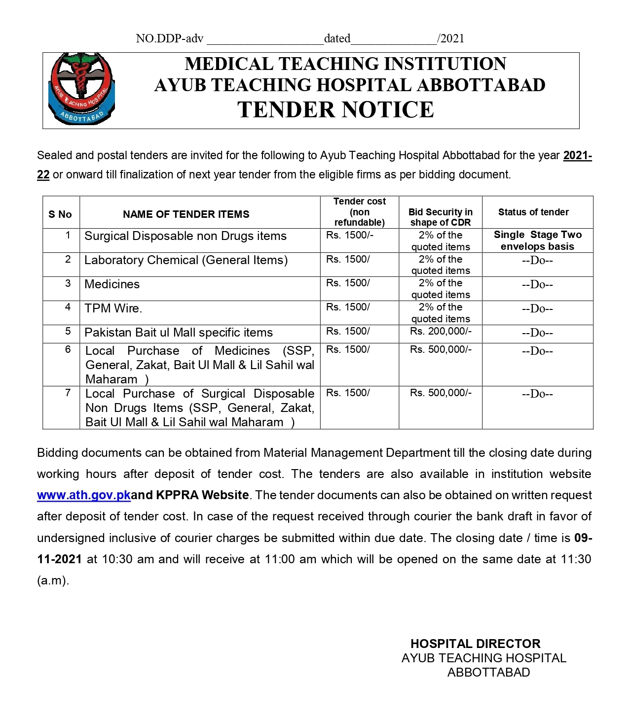 Sealed & Postal Tenders are invited for Medicines, TPM Wire and Others ...