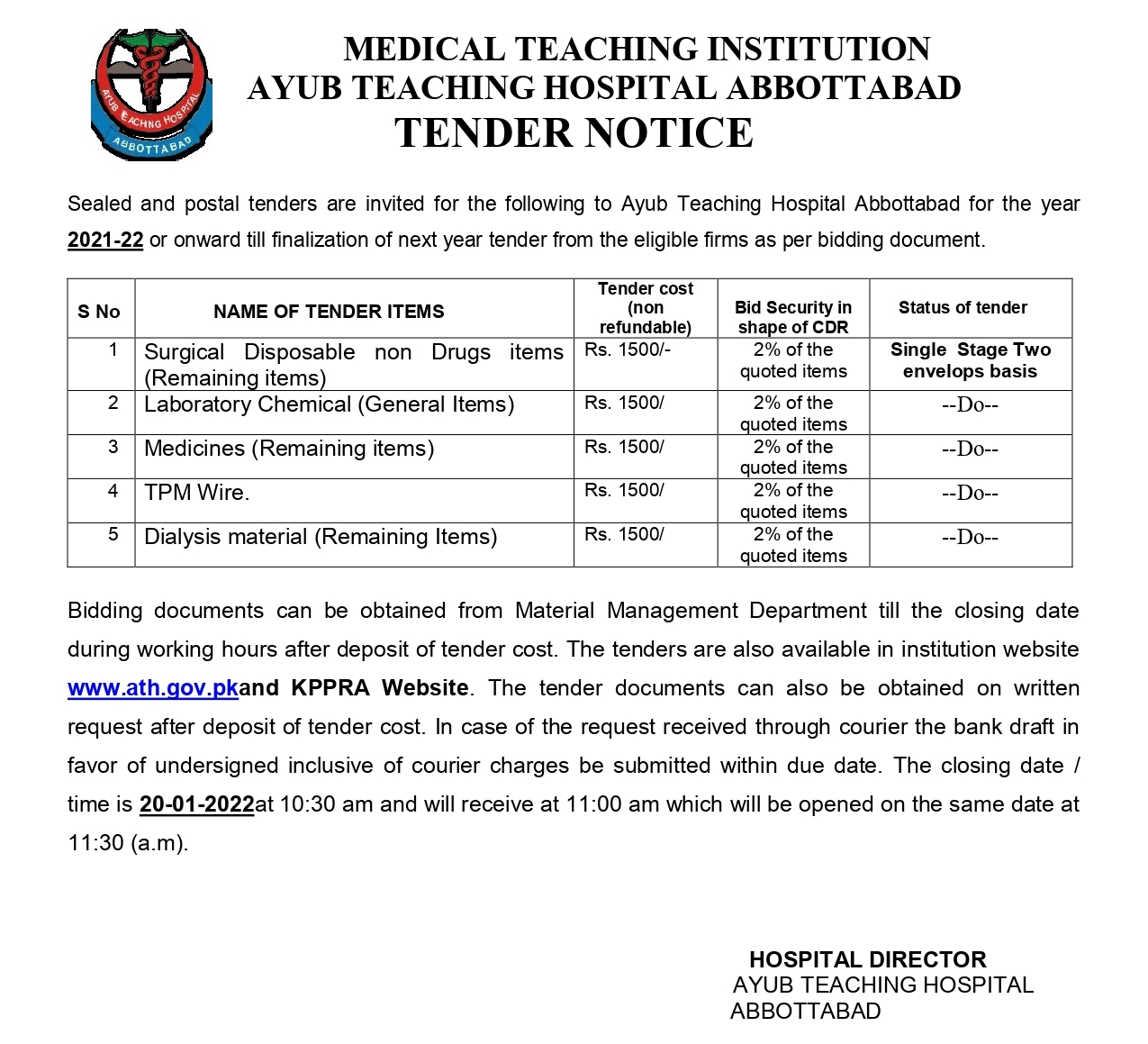 Sealed and postal tenders are invited for Medicines, Surgical ...