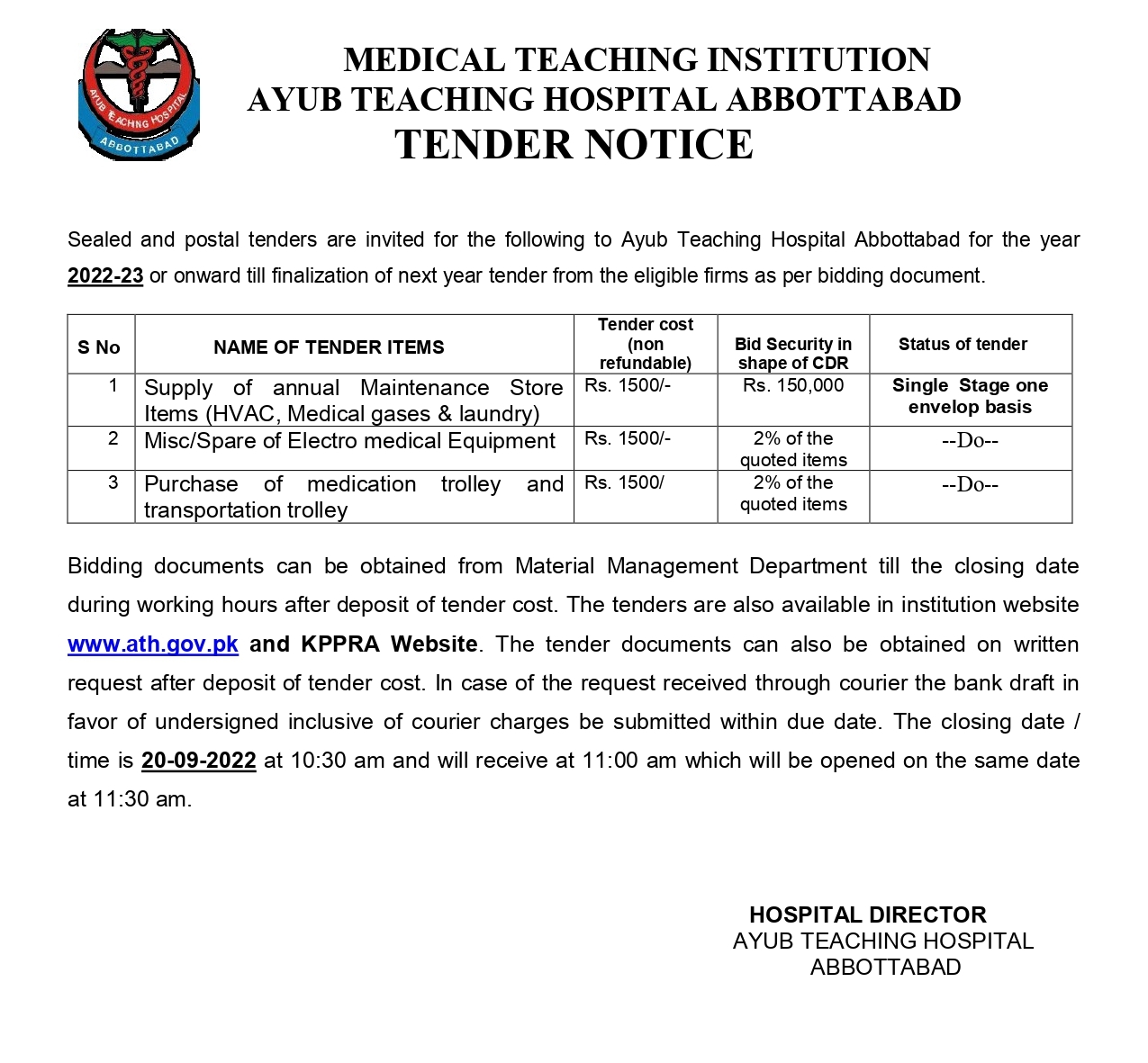 Sealed and Postal Tenders are invited for Maintenance Store Items ...
