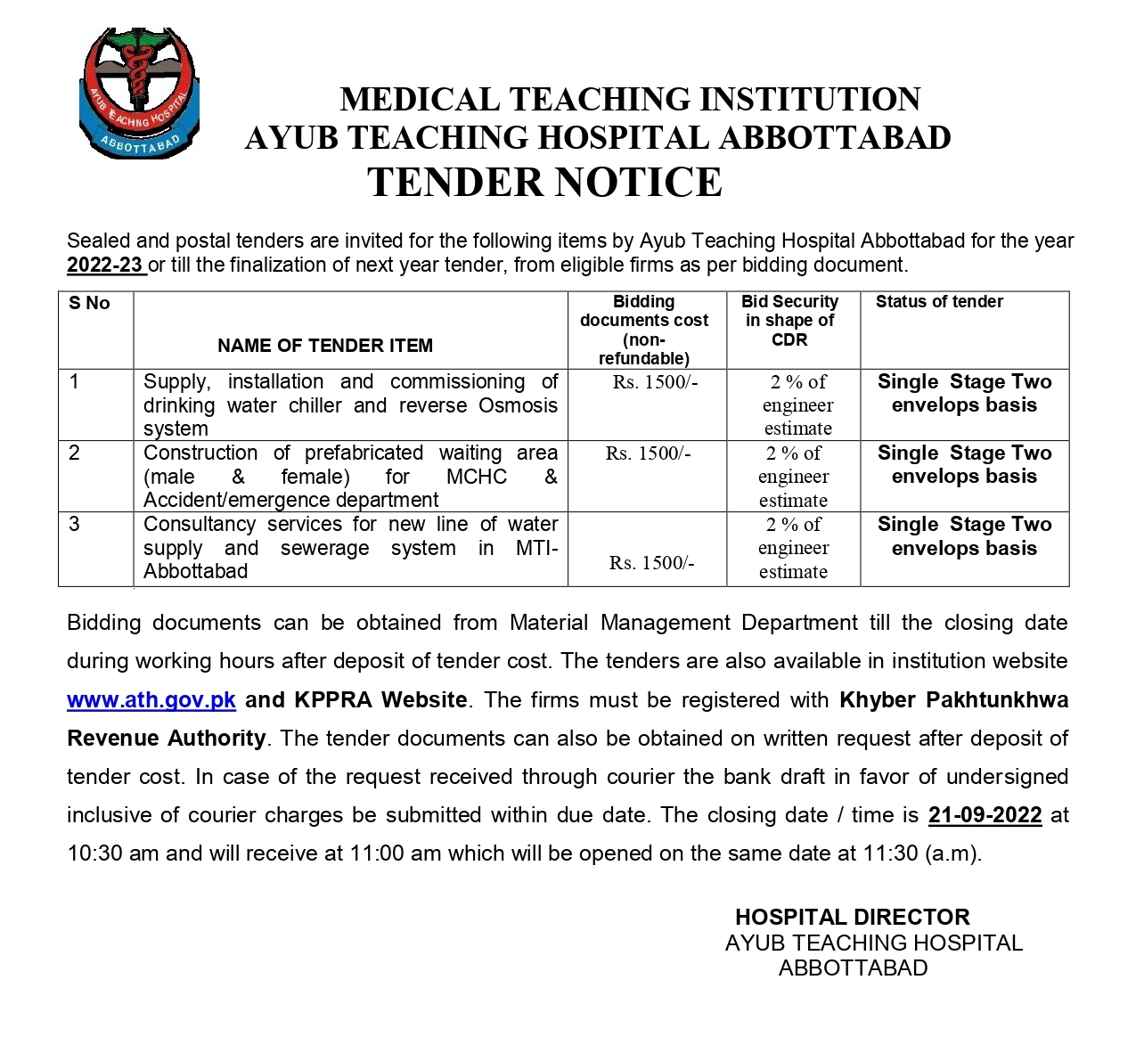 Sealed and Postal Tenders are invited for Drinking Water, Waiting Area ...