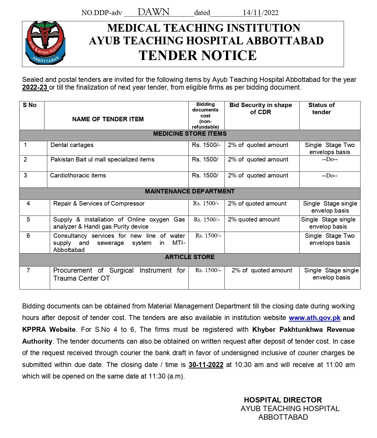 Sealed and Postal Tenders are invited for Medicine Store Items ...