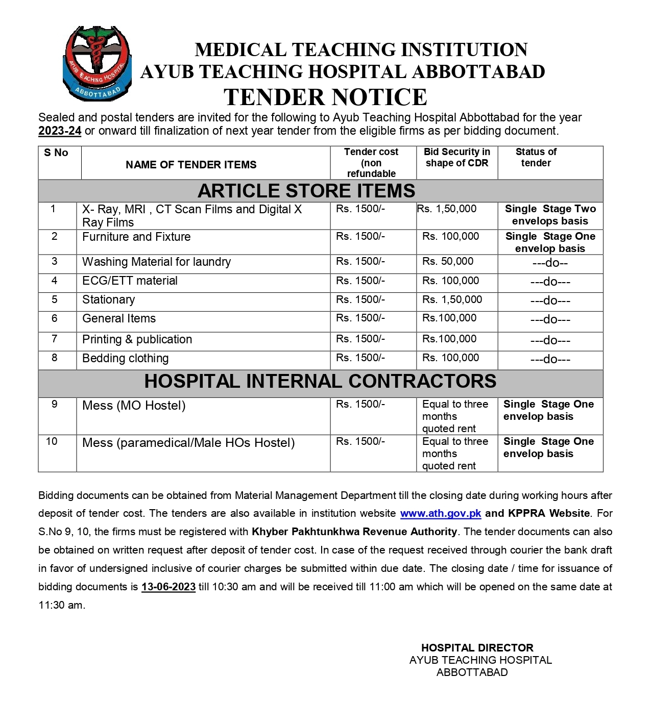 Sealed and Postal Tenders are invited for Article Store Items and ...