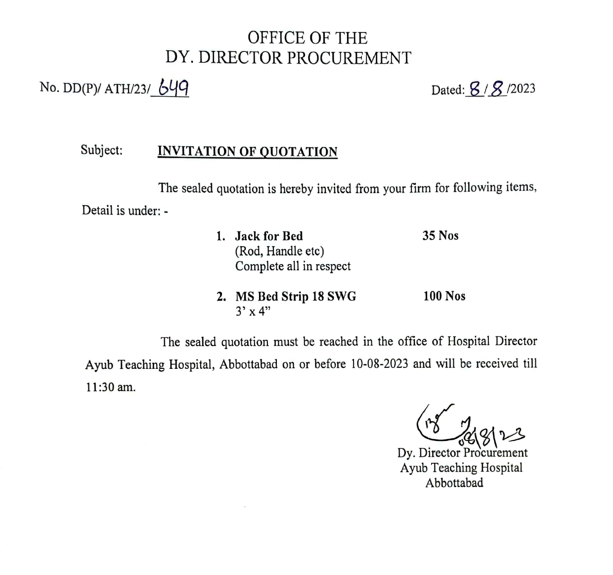 Invitation of Quotation for Jack for Bed & MS Bed Strip 18 SWG – MTI, ATH