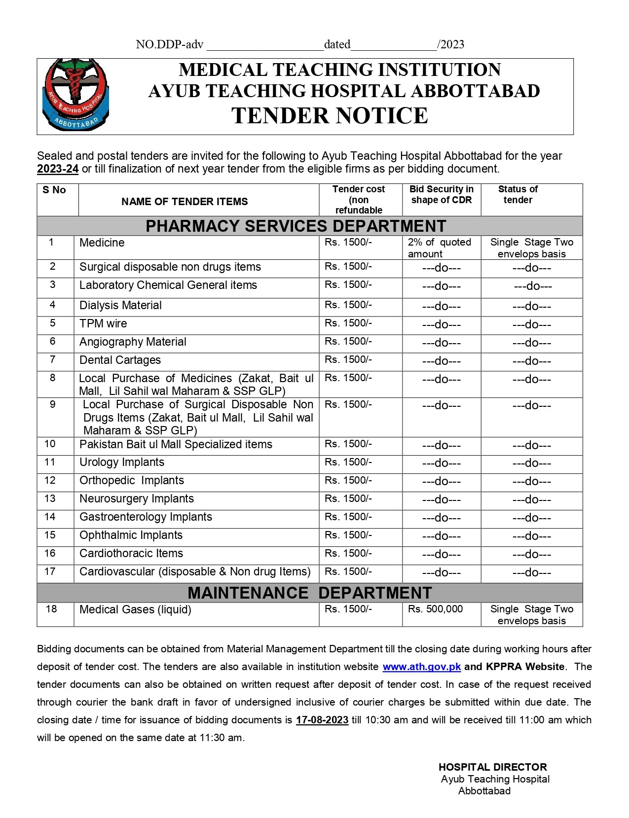 Sealed and postal tenders are invited for Pharmacy Services Department ...