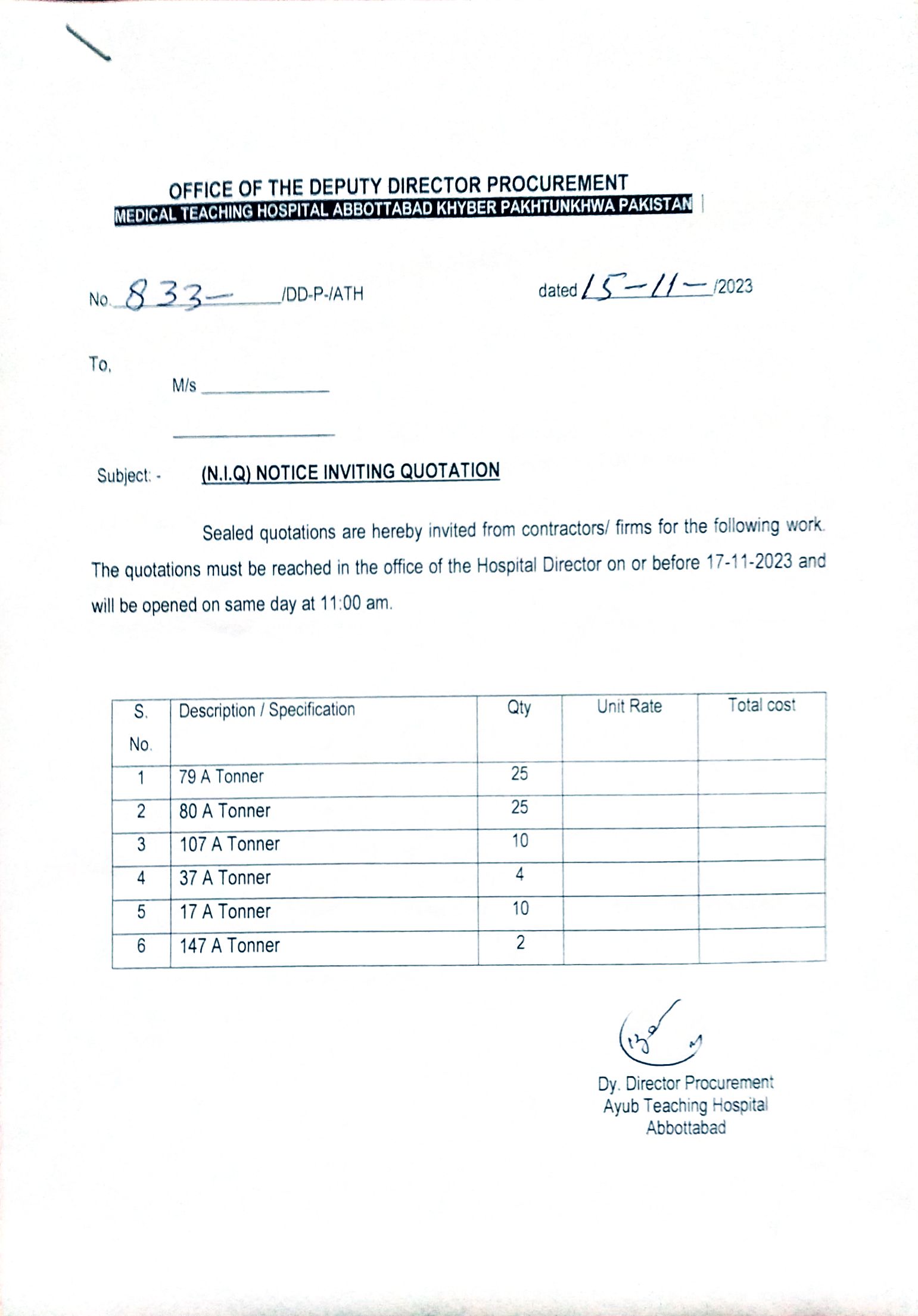 Notice inviting Quotation for Toners – MTI, ATH