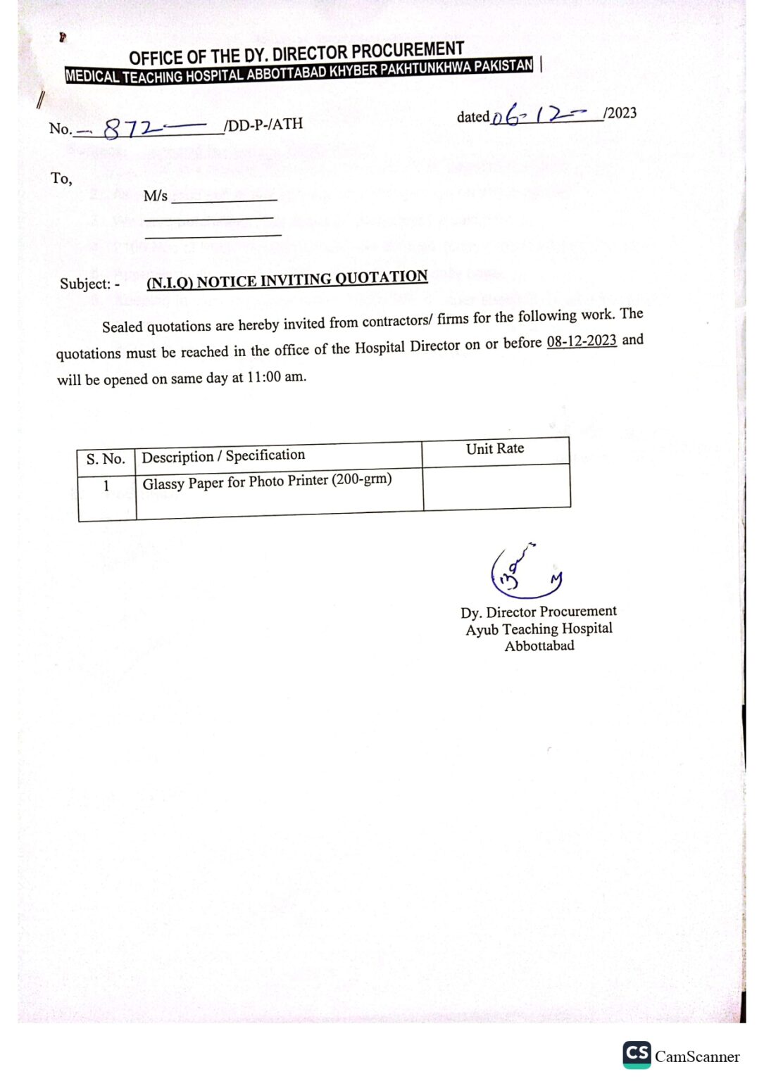 Notice Inviting Quotation for Glossy Paper for Photo Printer (200-grm ...