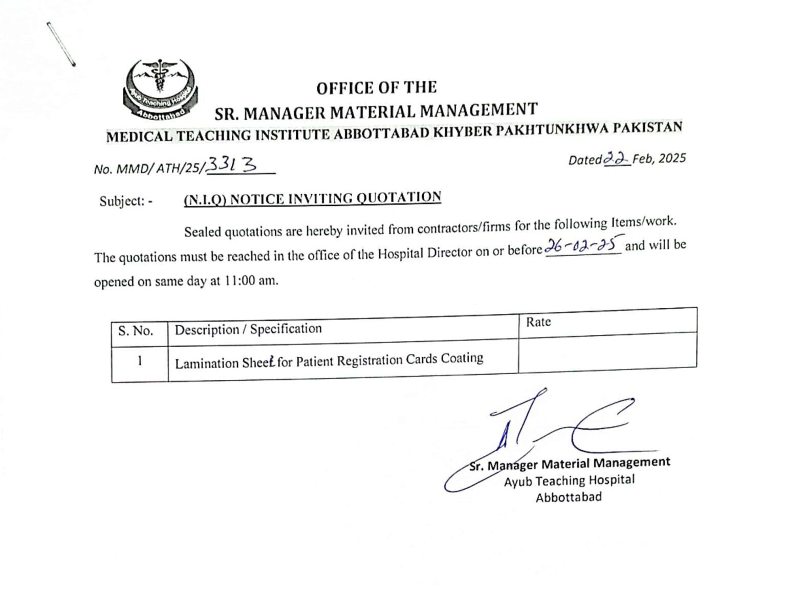 Notice Inviting Quotation for Lamination Sheet for Patient Registration ...