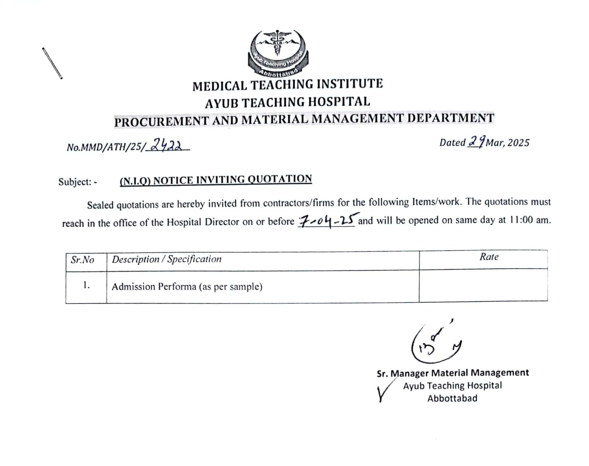 Notice Inviting Quotation for Admission Performa – MTI, ATH