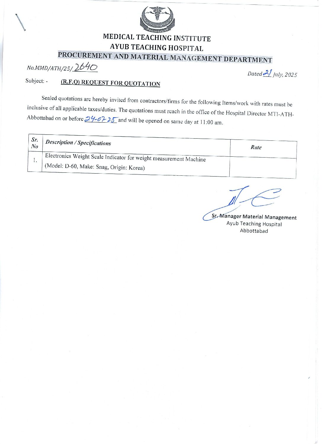 Request for Quotation for Electronic Weight Scale Indicator for Weight ...