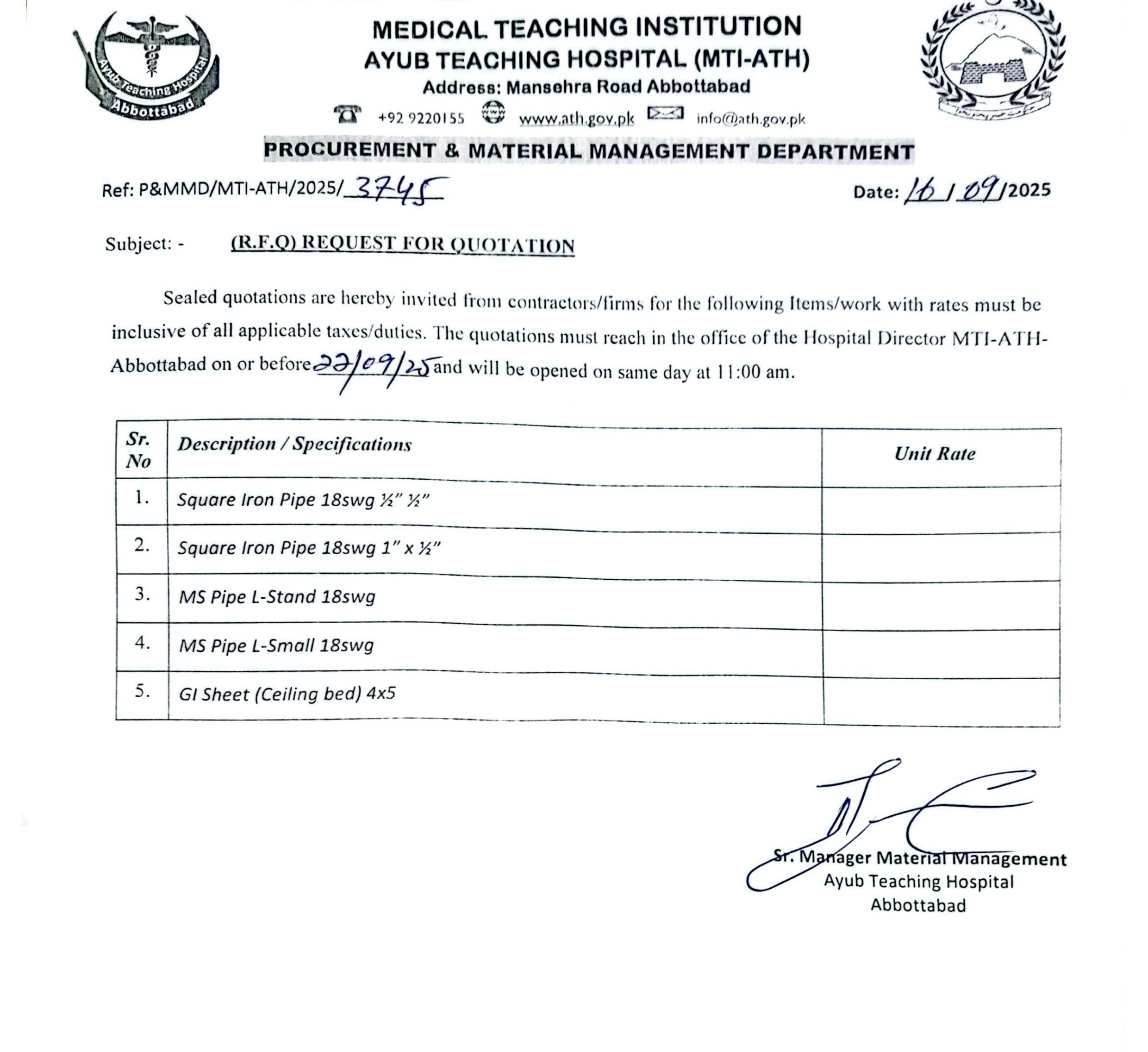 Request for Quotation for Square Iron Pipes, MS Pipes, GI Sheet – MTI, ATH